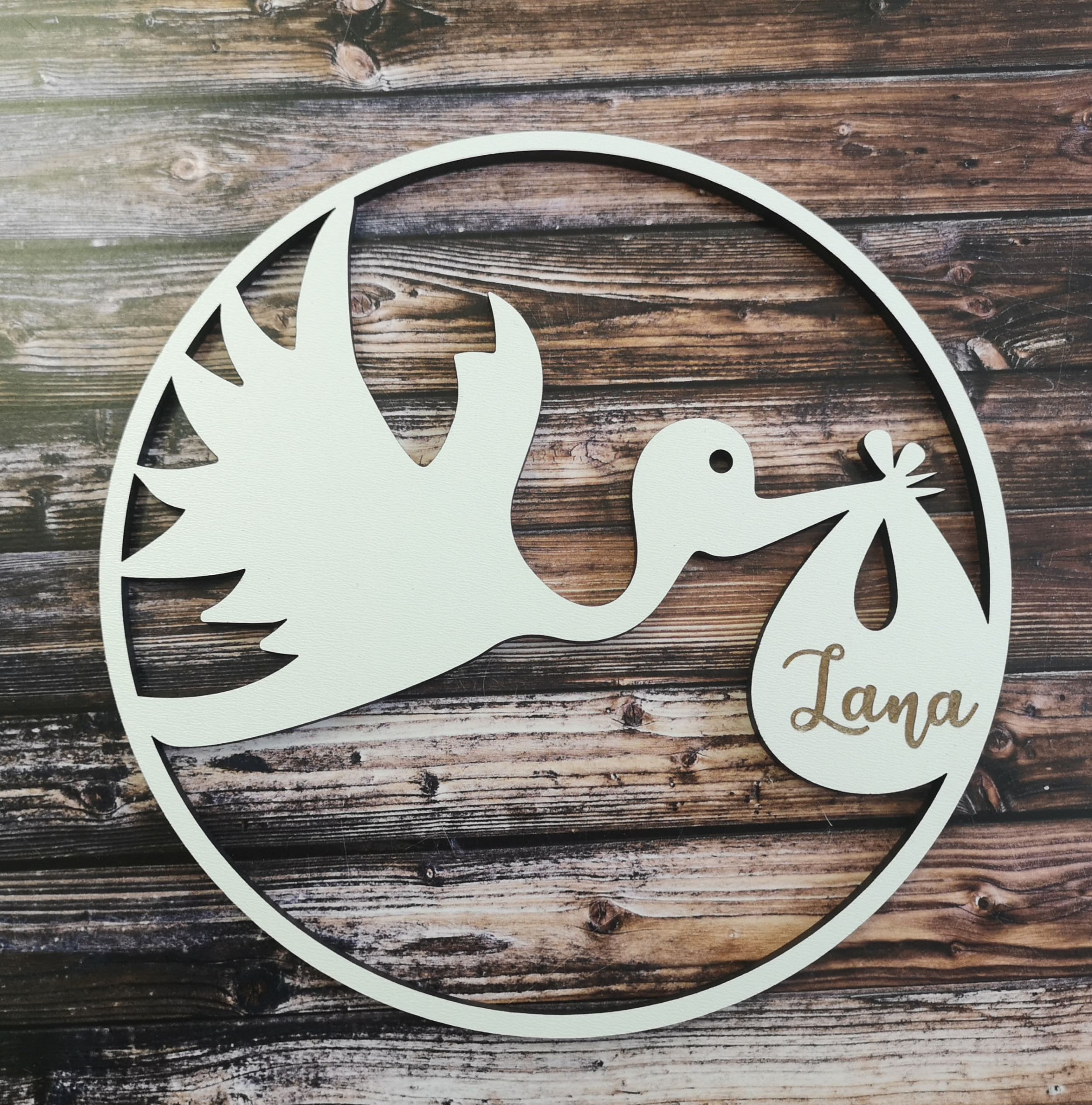 Storch mit personalisiertem Schriftzug aus Holz in weiß | Etsy