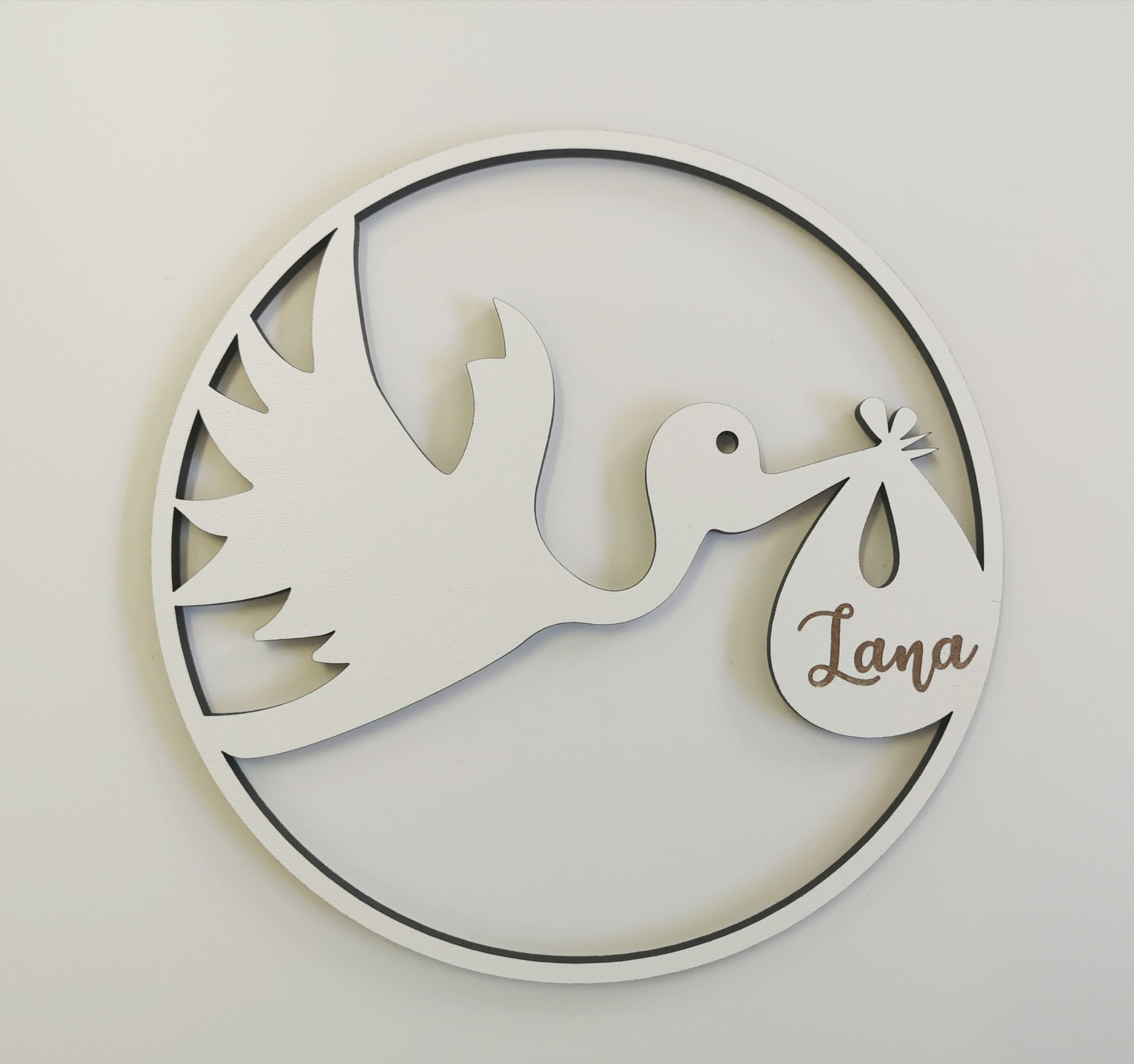 Storch mit personalisiertem Schriftzug aus Holz in weiß | Etsy