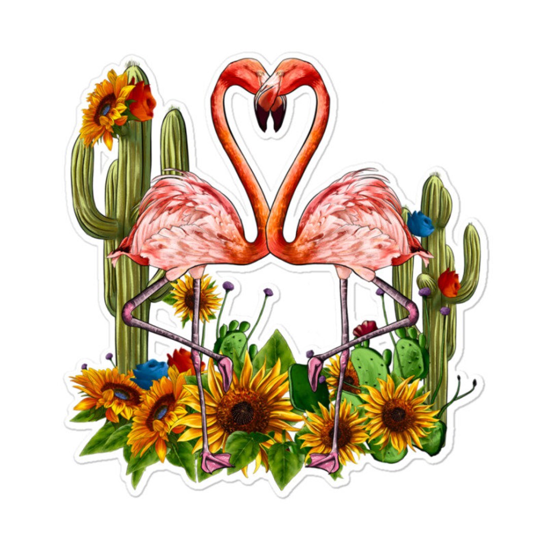 Flamingos With Cactus and Sunflowers Sticker - Etsy