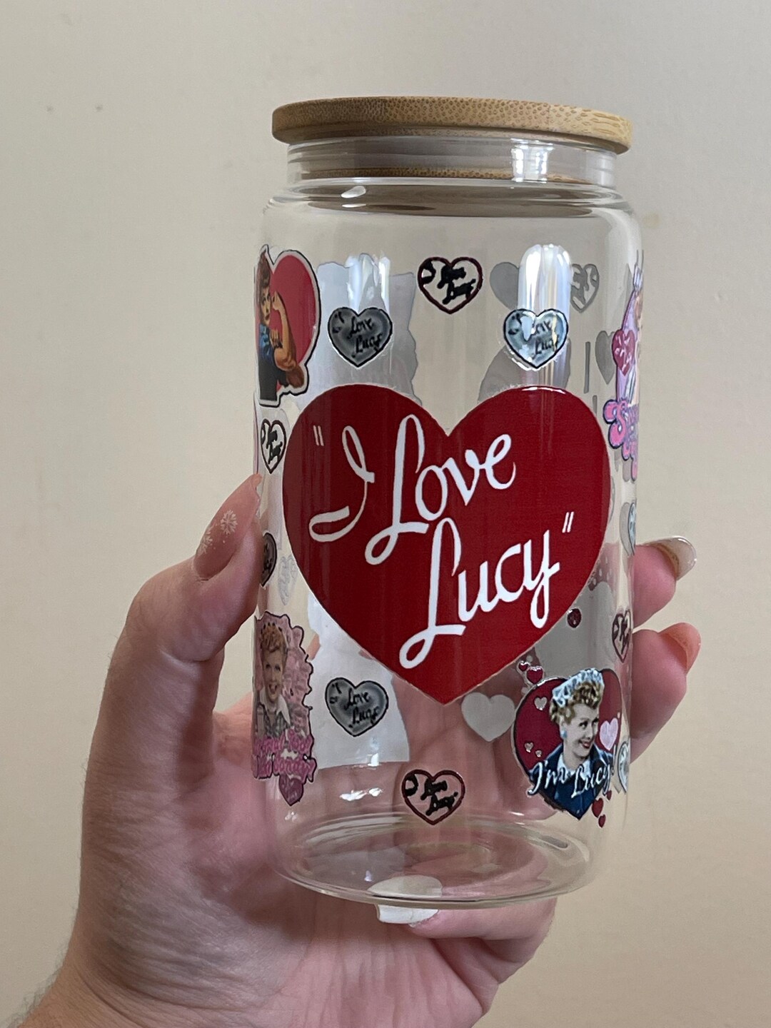 I Love Lucy Libbey Glass Can Mug With Lid, Personalized Iced Coffee Cup ...