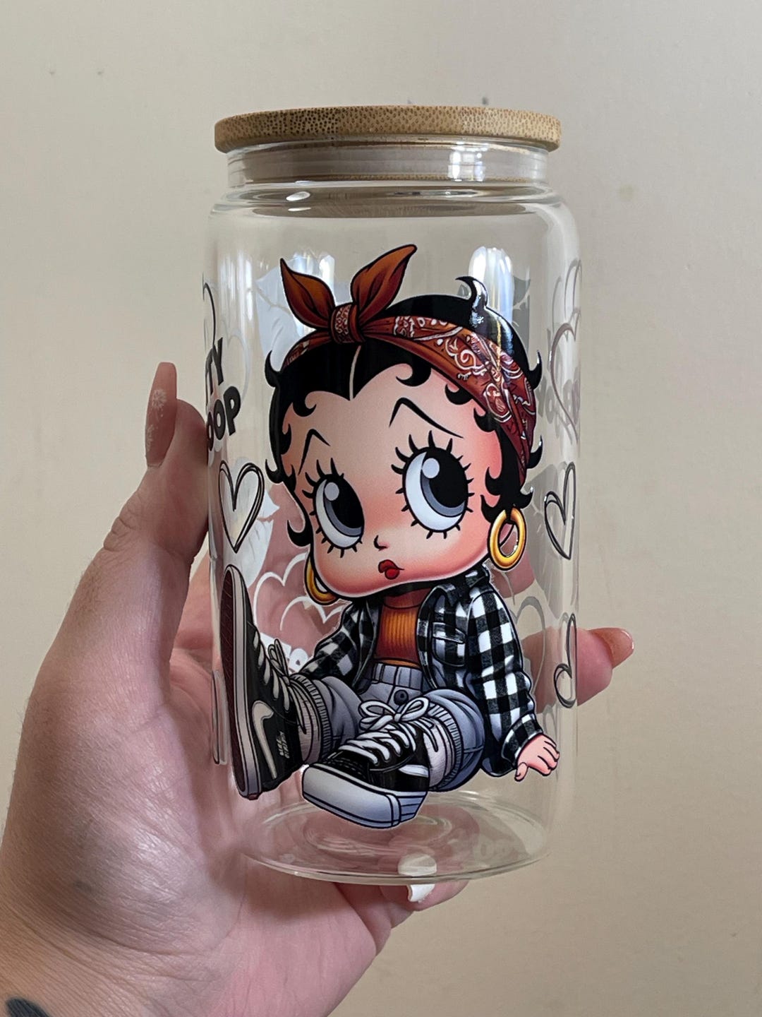 Hispanic Betty Boop Libbey Glass Can Mug With Lid, Personalized Iced ...