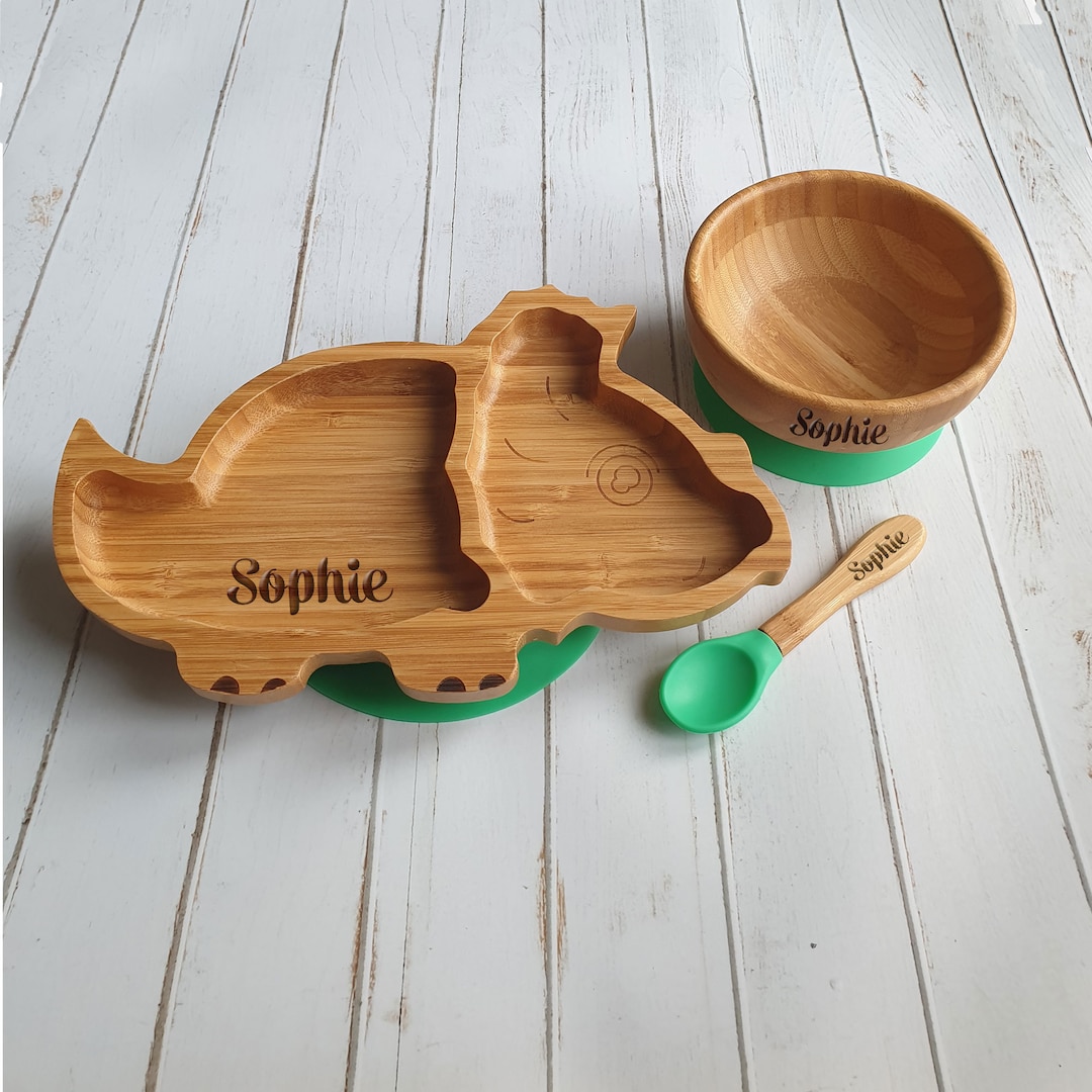 Personalised Children's Dinosaur Bamboo Plate, Bowl and Spoon Set ...