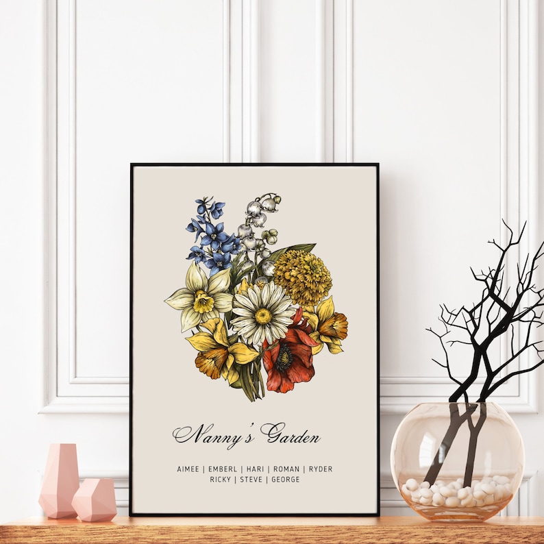 Birth Flower Family Bouquet, Birth Month Flower Art Custom, Hand Drawn ...