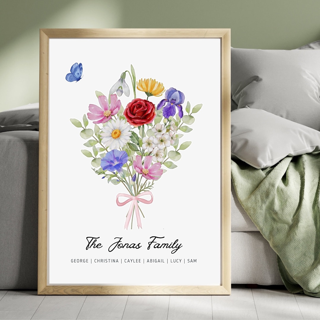Birth Flower Family Bouquet, Birth Month Flower Art Custom, Hand Drawn ...