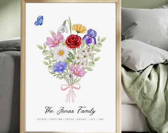 Birth Flower Family Bouquet, Birth Month Flower Art Custom, Hand Drawn ...
