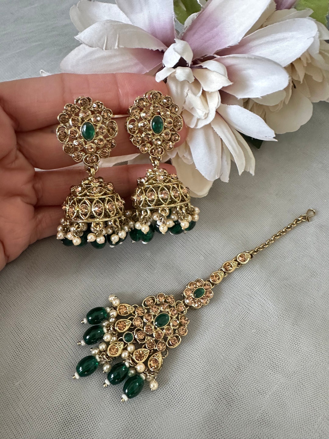 Gg Beautiful Australian Stones Beads Green Earring Tikka Set - Etsy