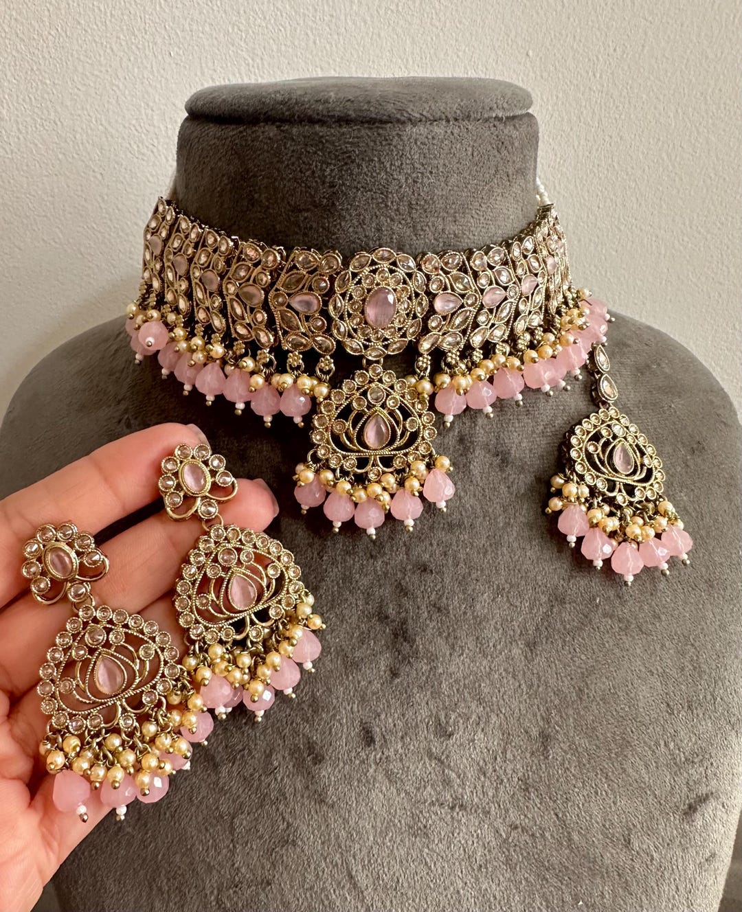 Gg Beautiful Imitation Pink Reverse AD Polki Stones Beads Jewellery Set ...