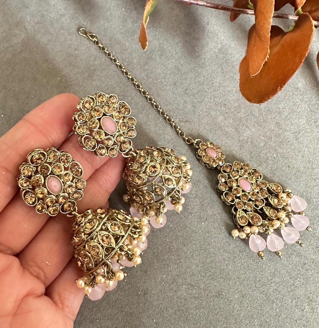 Gg Beautiful Australian Stones Beads Pink Earring Tikka Set - Etsy