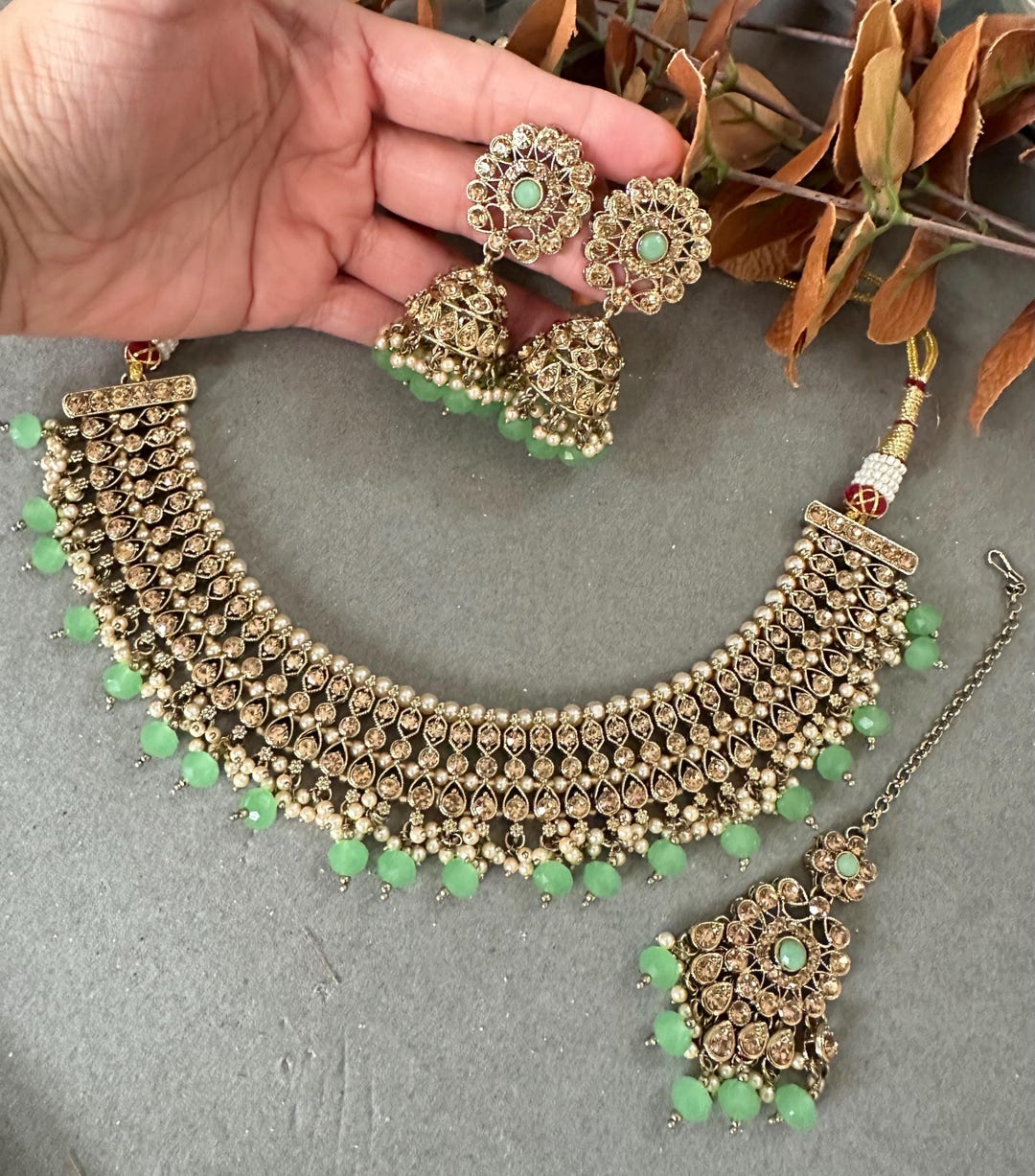 Gg Beautiful Imitation Green Australian Stones Beads Jewellery Set (10 ...