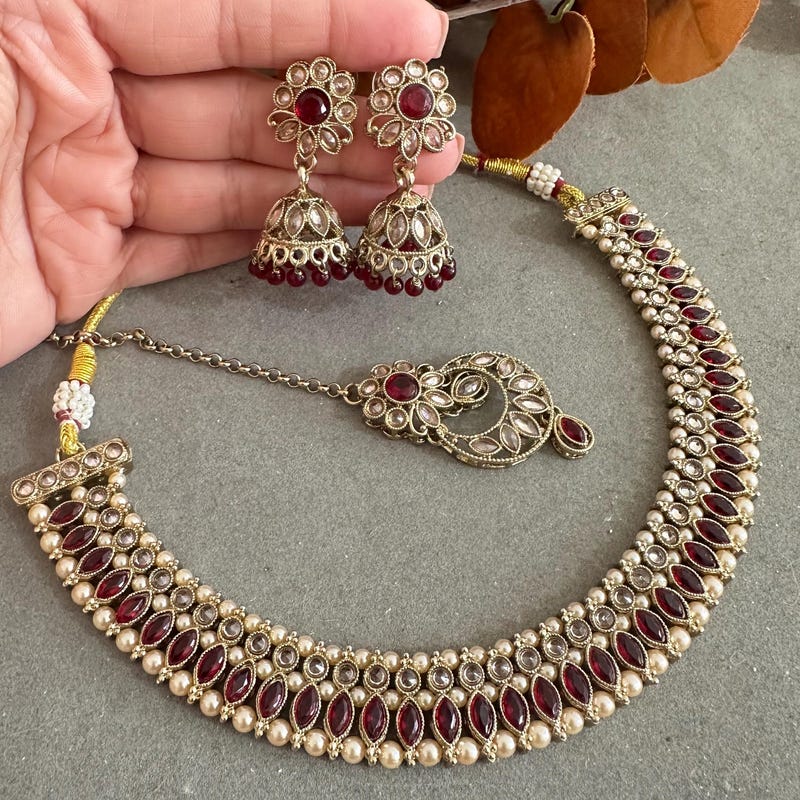 Dark Red Necklace Set - Etsy UK