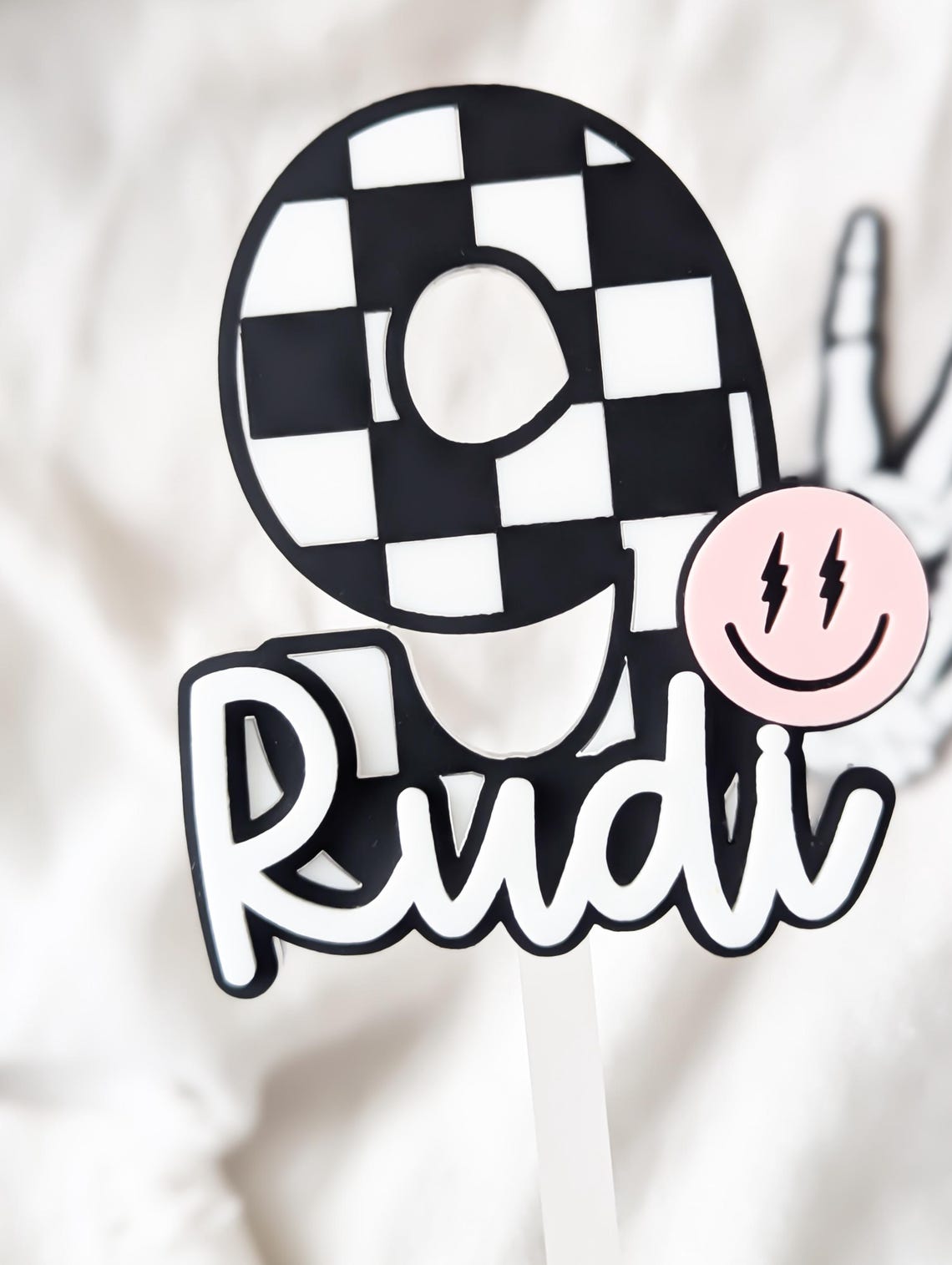 Double Layer Groovy Checkered Pattern Cake Topper and Skeleton Hand Set ...