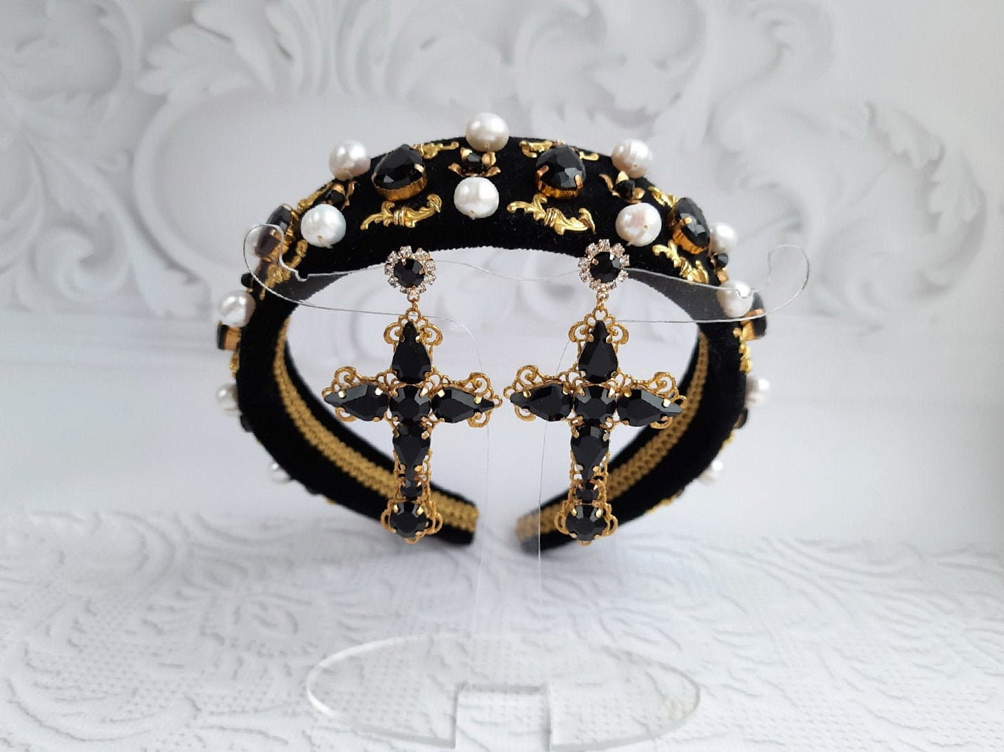 Black pearl headband baroque jewelry set crystal tiara velvet | Etsy