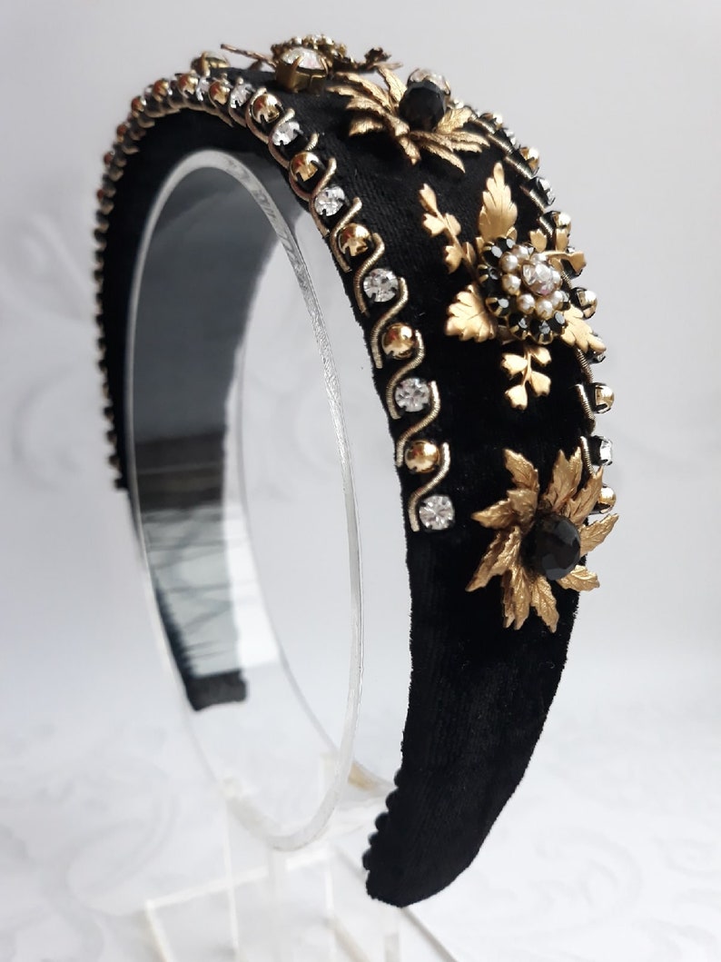 Embroidered Headband Velvet Black Alice Band Wide Crystal Etsy