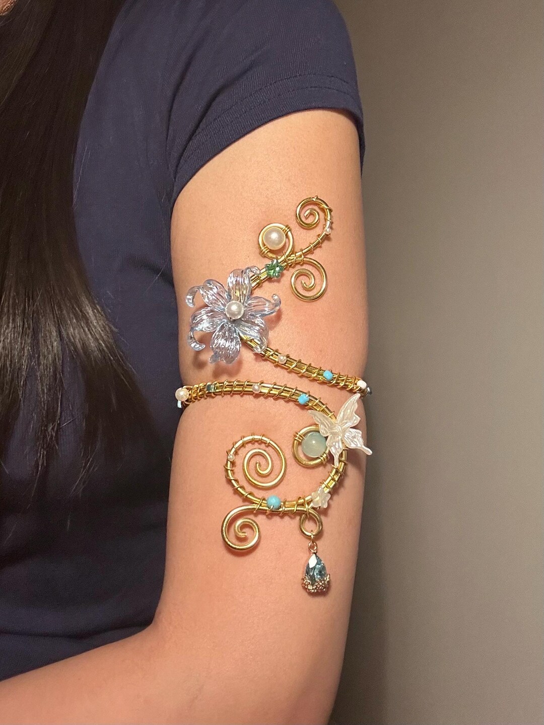 Butterfly Gold Arm Cuff, Handmade Beaded Upper Arm Jewelry Whimsical ...