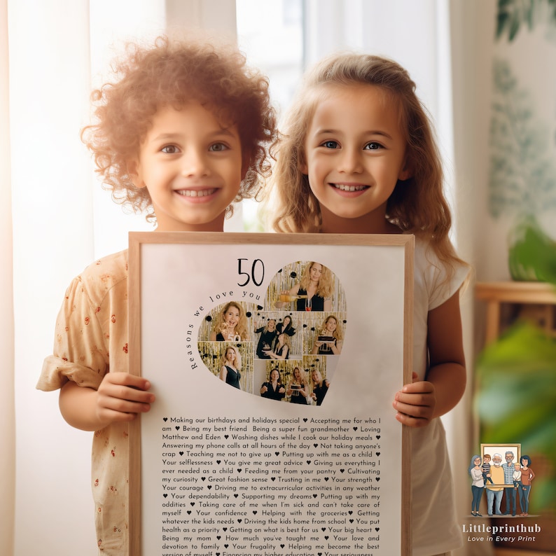 50 Reasons We Love You Heart Shaped Photo Collage, Custom Gift Digital ...