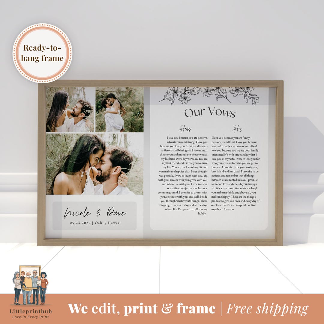 Custom Wedding Vows From Bride to Groom, Framed Print of His or Her ...