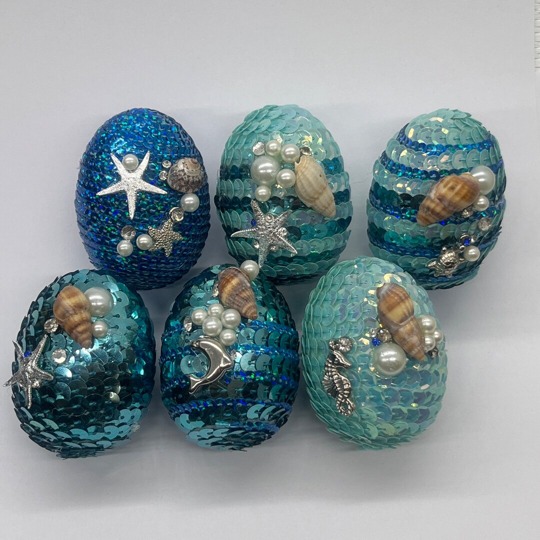 Mix of Blue Sequin Eggs Set of 6 Eggs Coquette Room Decor Easter Gift ...