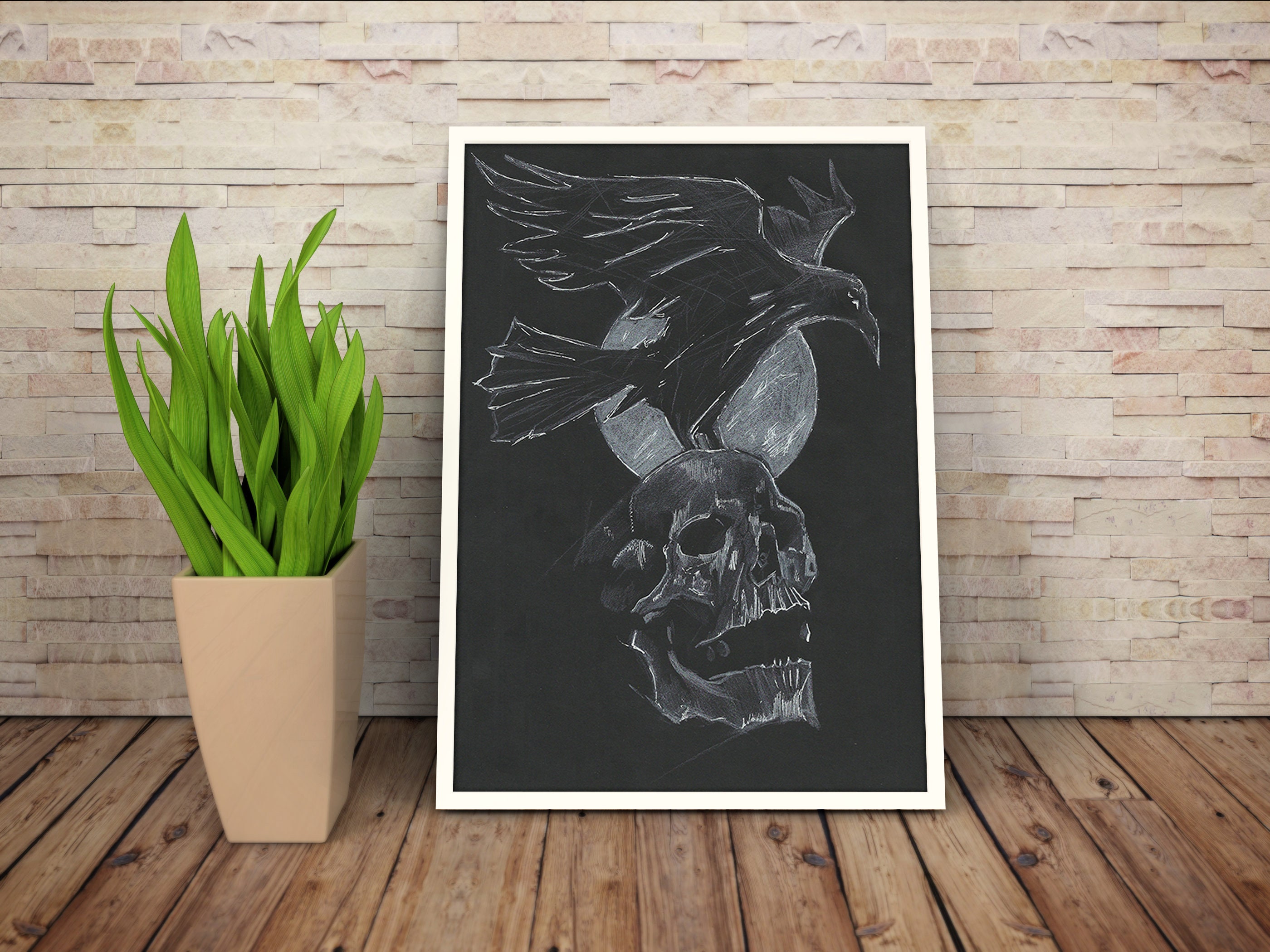 Crow on Top of Skull Original Art Print - Etsy