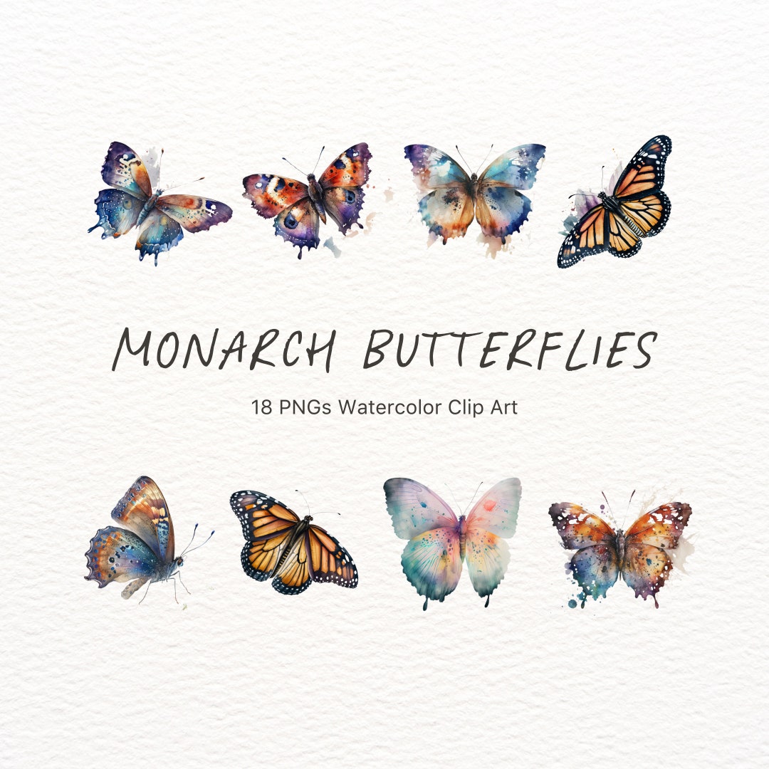15 PNG Monarch Butterfly Watercolor Clipart: Digital Bundle, Commercial ...