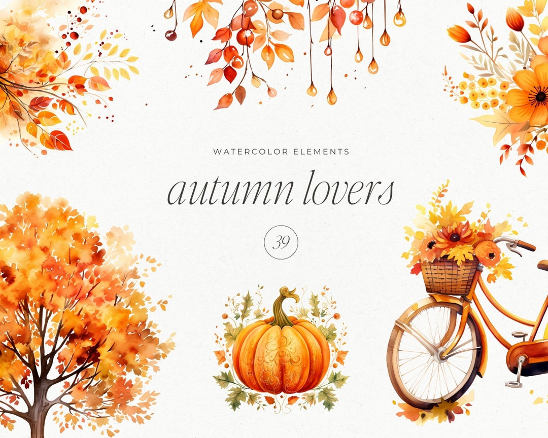Autumn Fall Watercolor Clipart Elements: Thanksgiving Pumpkin Decor PNG ...
