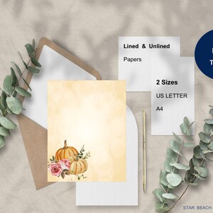 Pumpkins Printable Stationery Paper, Autumn Harvest Watercolor Lined ...