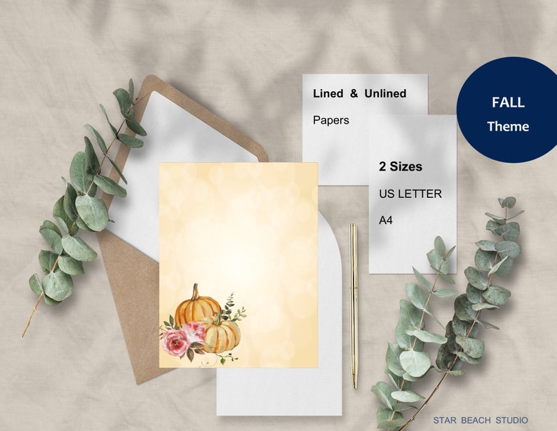 Pumpkins Printable Stationery Paper, Autumn Harvest Watercolor Lined ...