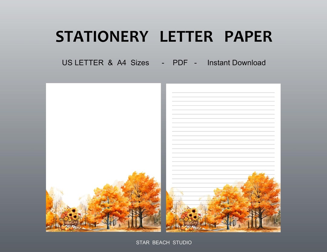 Fall Trees Sunflower & Pumpkin Cart Printable Letter Paper, A4 Letter ...