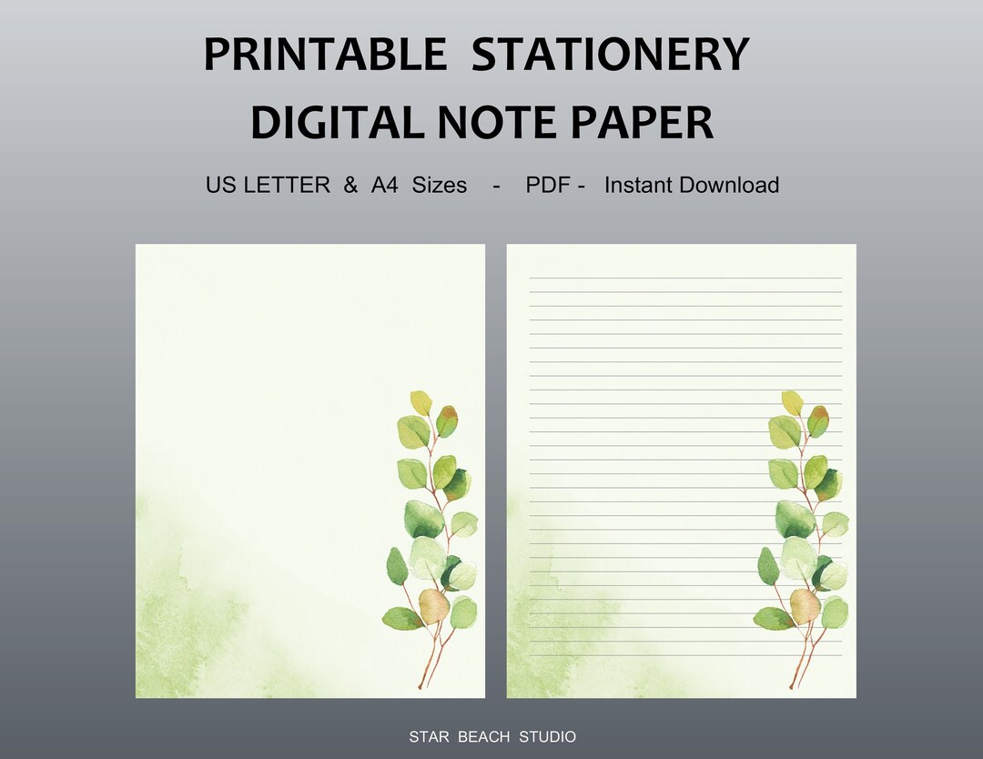 Green Leaves Printable Stationery, Eucalyptus Lined & Unlined Letter ...