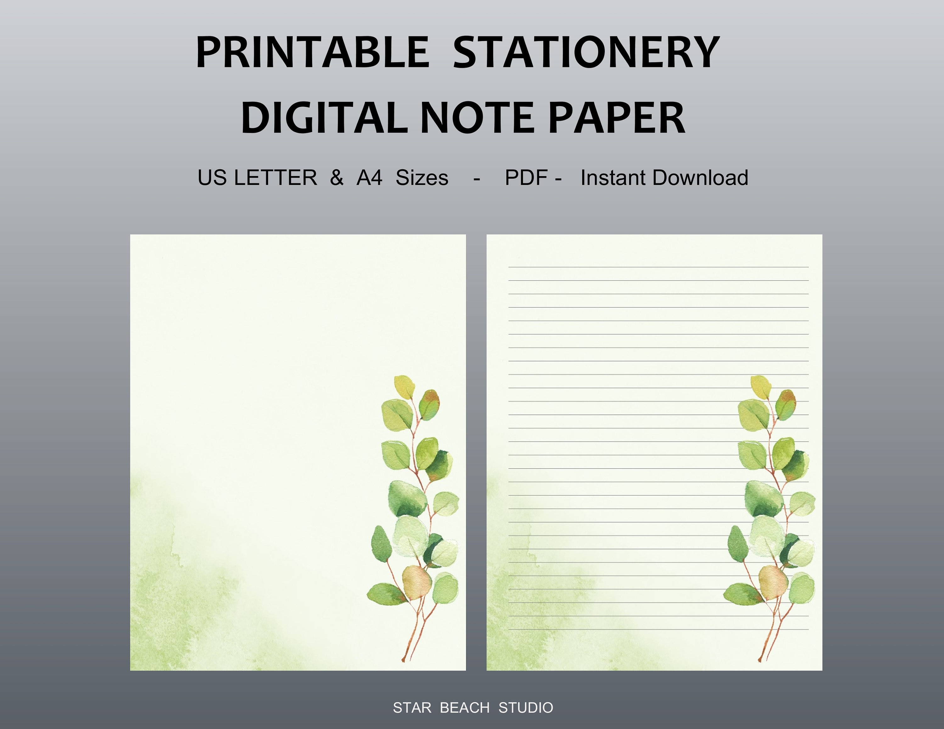 Green Leaves Printable Stationery, Eucalyptus Lined & Unlined Letter ...