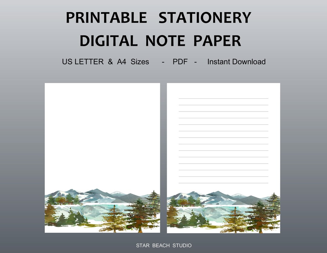 Mountain Landscape Printable Stationery, Forest Trees Nature Watercolor ...