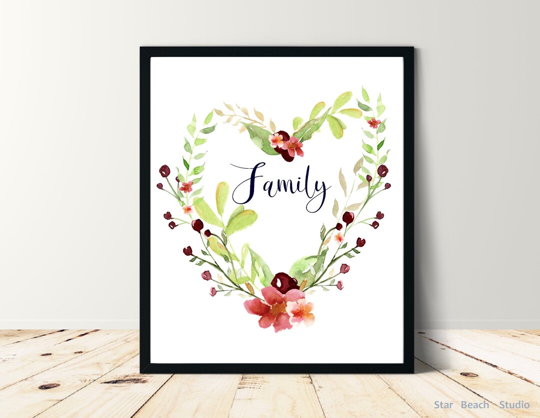 Family Word Art in a Floral Watercolor Heart Wreath Print - Etsy