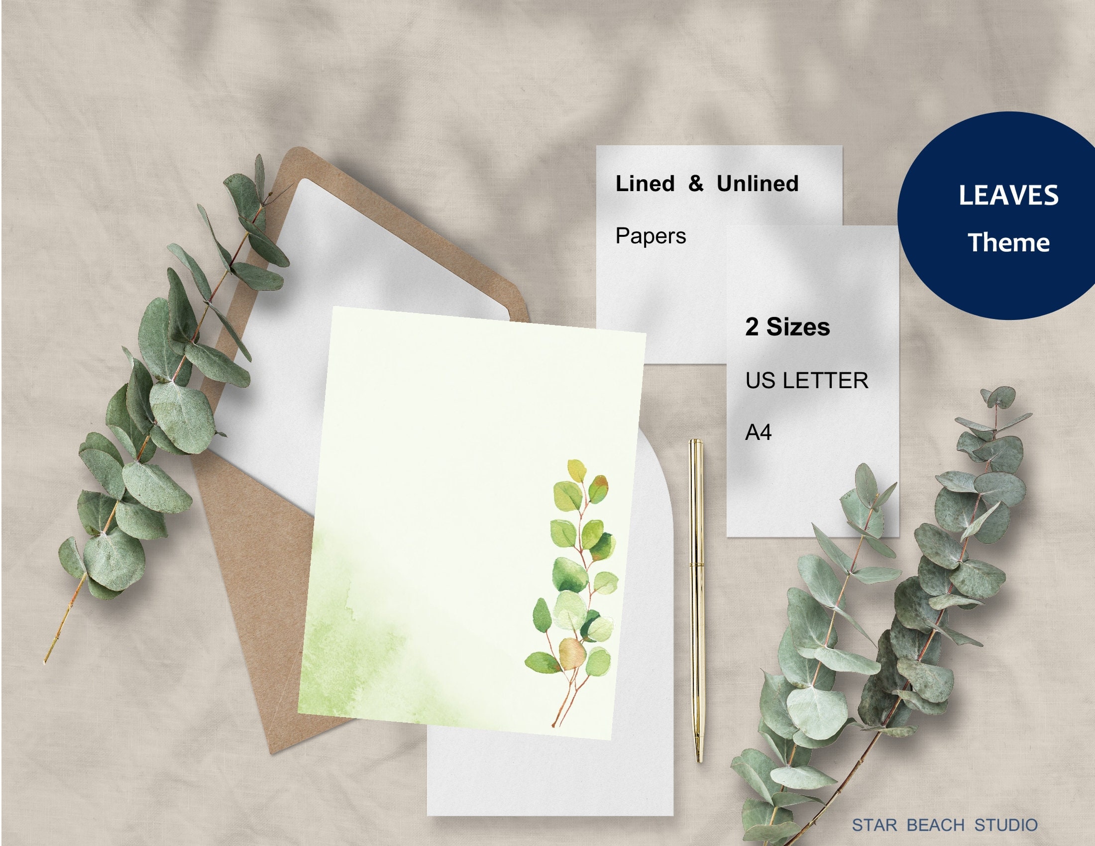 Green Leaves Printable Stationery, Eucalyptus Lined & Unlined Letter ...