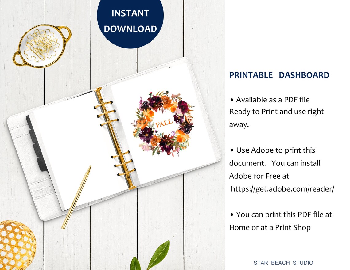 Fall Planner Dashboard Printable, Autumn Floral Watercolor Wreath ...