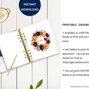 Fall Planner Dashboard Printable, Autumn Floral Watercolor Wreath ...