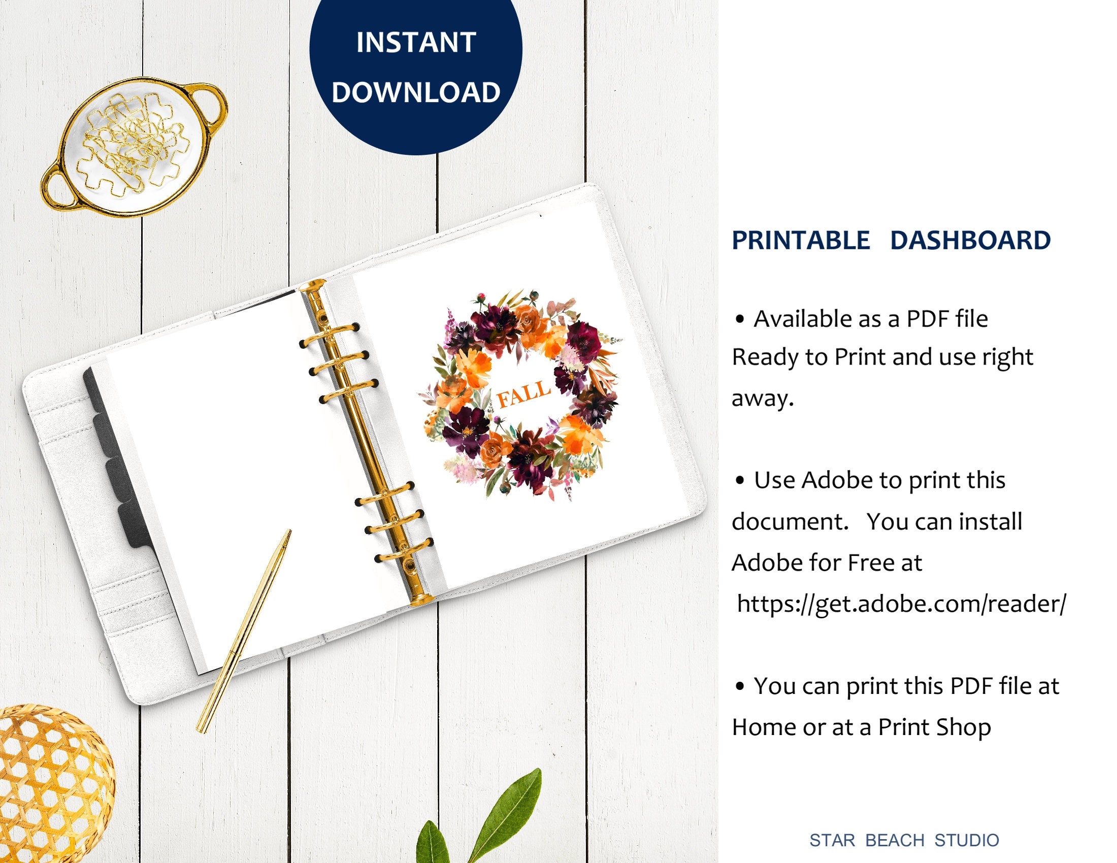 Fall Planner Dashboard Printable, Autumn Floral Watercolor Wreath ...