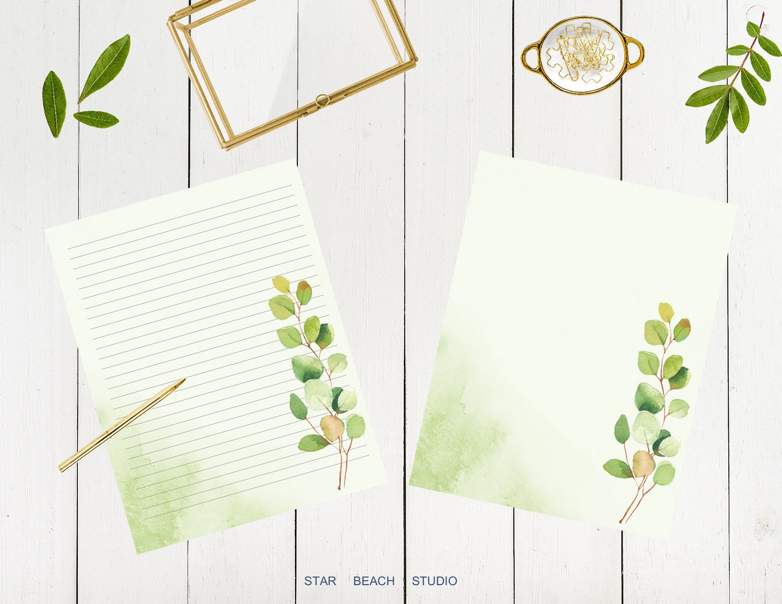 Green Leaves Printable Stationery, Eucalyptus Lined & Unlined Letter ...