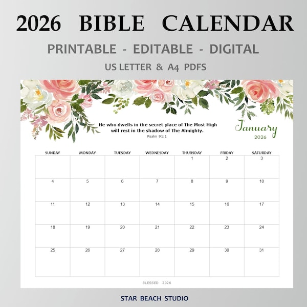 Christian Printable Calendar 2026 Bible Verse - Etsy
