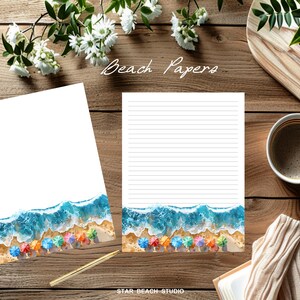 Ocean Beach View Printable Paper, Umbrellas Watercolor Stationery, A4 ...