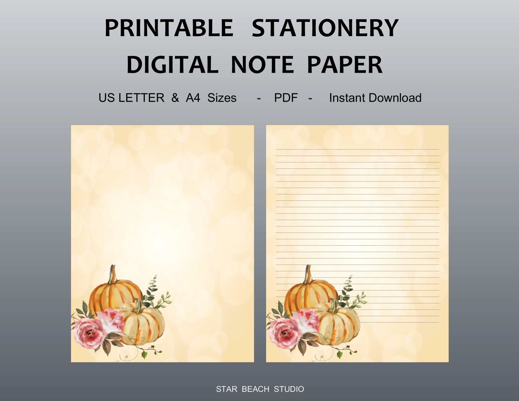 Pumpkins Printable Stationery Paper, Autumn Harvest Watercolor Lined ...