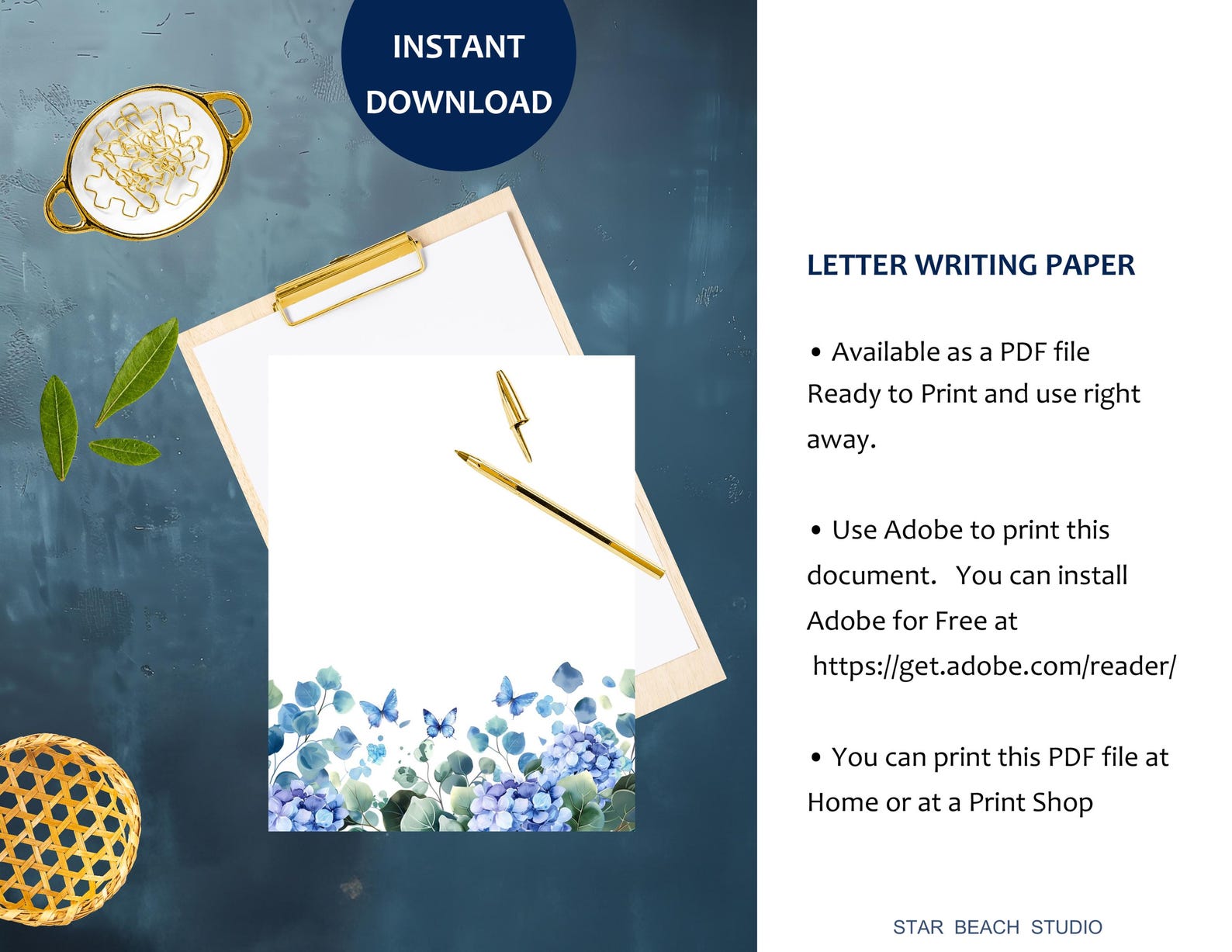 Blue Hydrangeas With Blue Butterflies Stationery Printable Paper, Lined ...