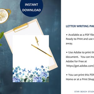 Blue Hydrangeas With Blue Butterflies Stationery Printable Paper, Lined ...