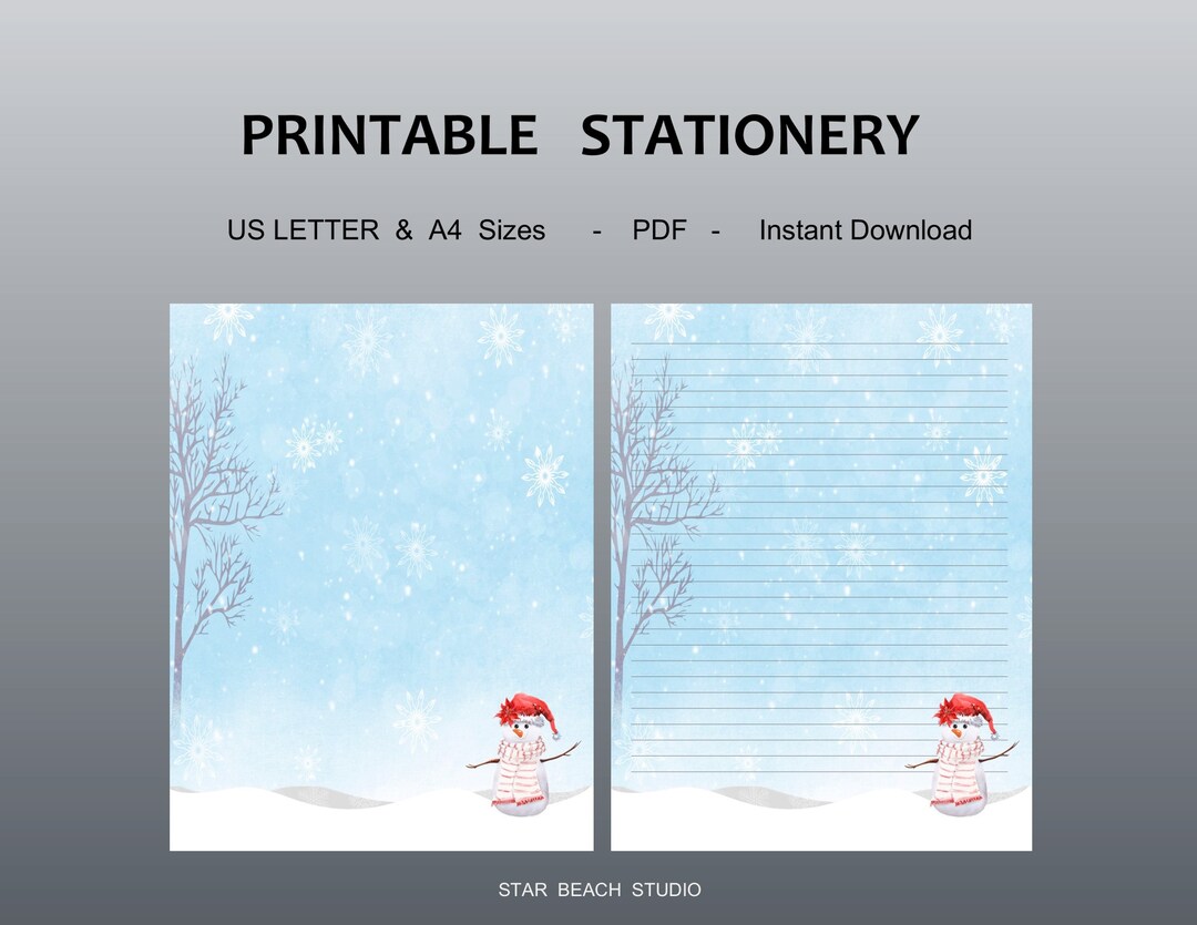 Snowman Snowflakes Winter Printable Stationery, Snow Paper Lined ...