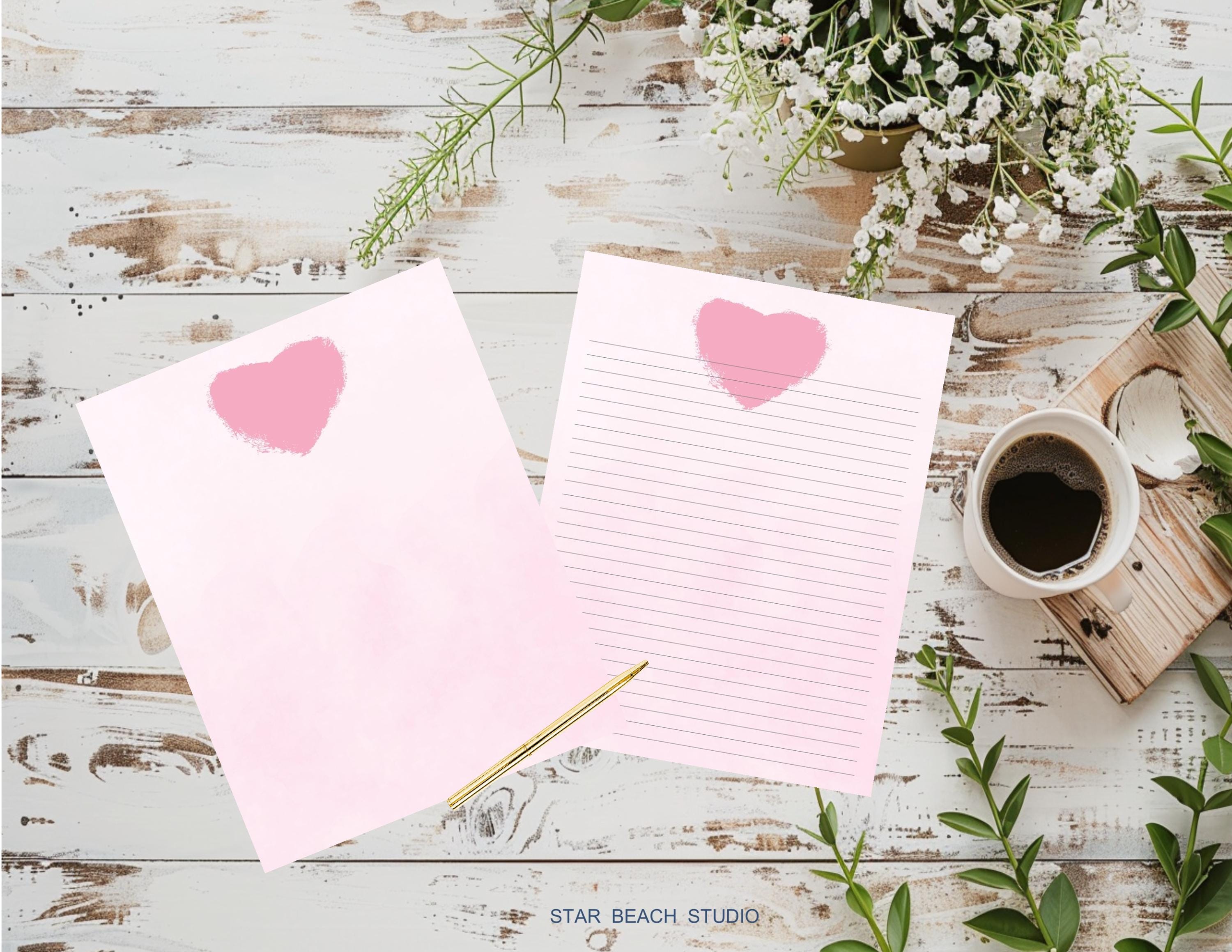 Pink Heart Love Stationery Printable Paper, Valentines Lined & Unlined ...