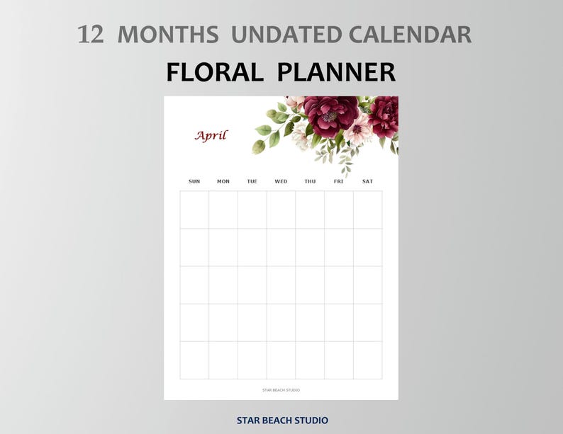 Floral Watercolor Undated Monthly Planner, 12 Month Printable Calendar ...