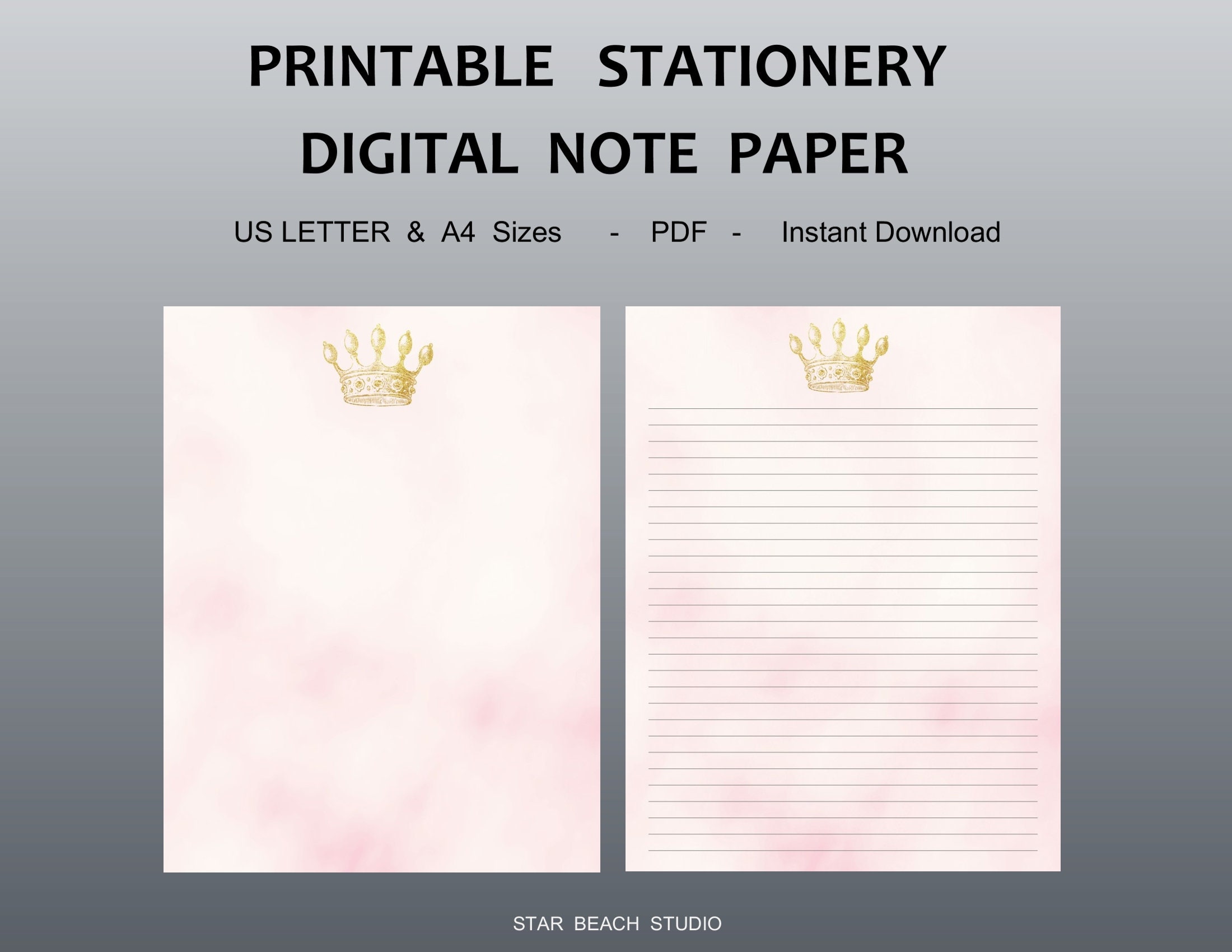 Gold Crown Pink Paper Printable Stationery Paper, Royal Princess Theme ...