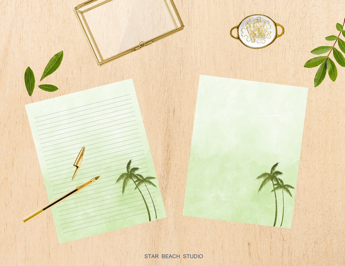 Palm Trees Printable Stationery, Summer Beach Theme Lined & Unlined ...