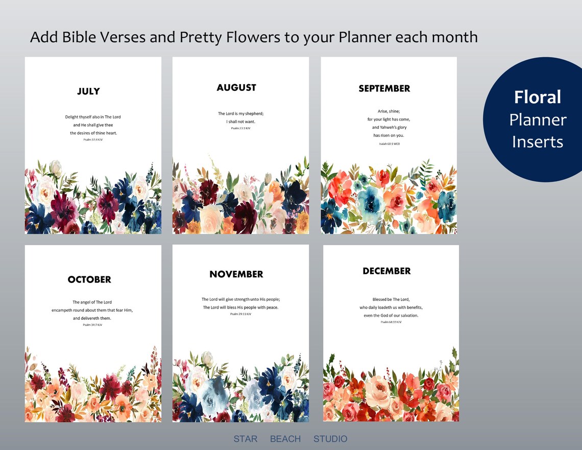 12 Month Bible Verses Planner Dashboards Printable, Floral Dividers, US ...