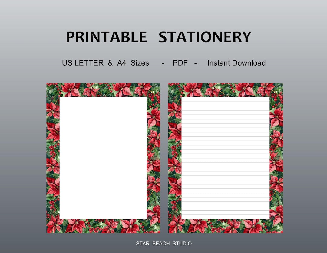 Christmas Poinsettia Floral Border Printable Stationery, Winter Holiday ...