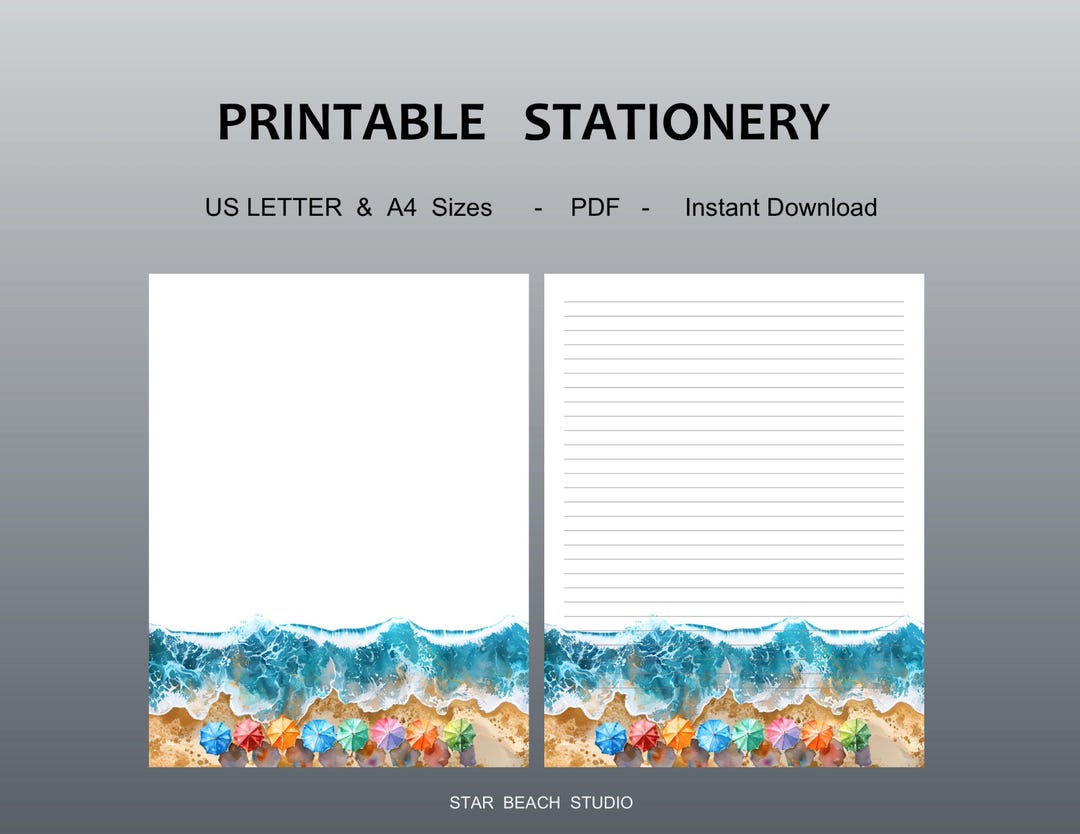 Ocean Beach View Printable Paper, Umbrellas Watercolor Stationery, A4 ...