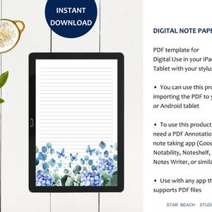 Blue Hydrangeas With Blue Butterflies Stationery Printable Paper, Lined ...